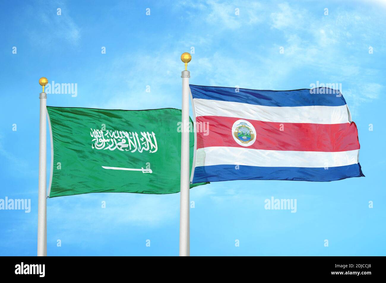 Saudi Arabia and Costa Rica two flags on flagpoles and blue cloudy sky ...