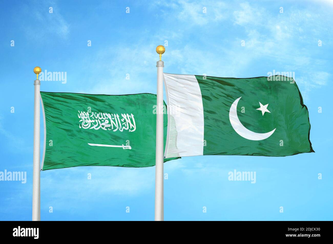 Saudi Arabia and Pakistan two flags on flagpoles and blue cloudy sky ...
