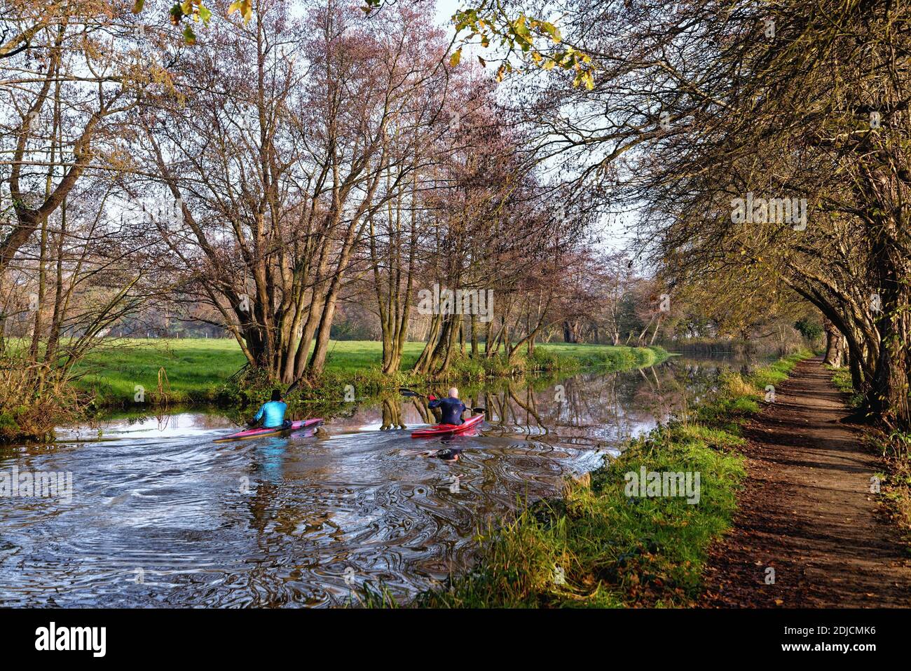 Two canoeist paddling on the River Wey navigation canal on a winters ...
