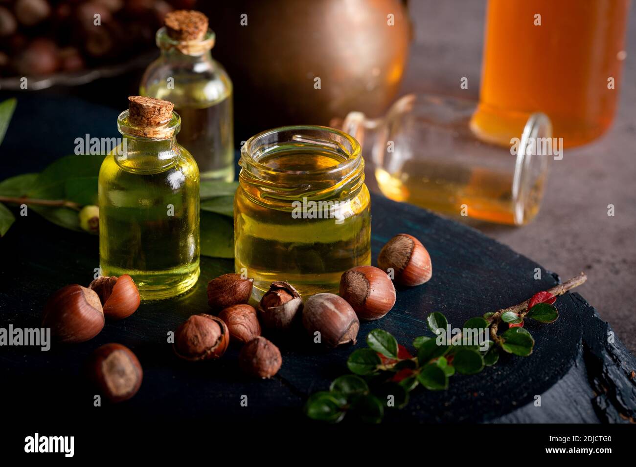 Concept of organic vegetable oils for cooking and cosmetology. Hazelnut ...