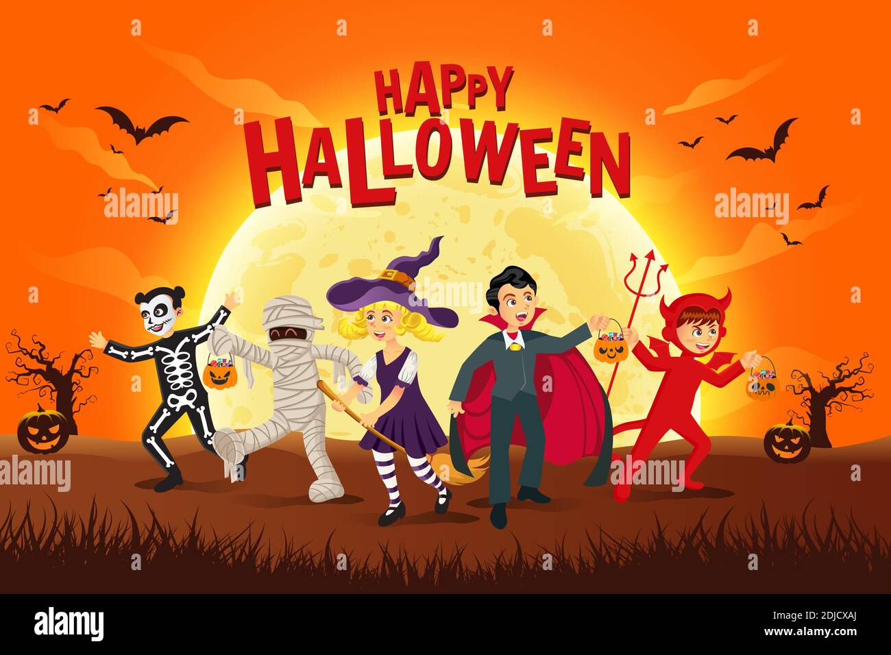 Happy halloween background. kids dressed in halloween costume to go ...