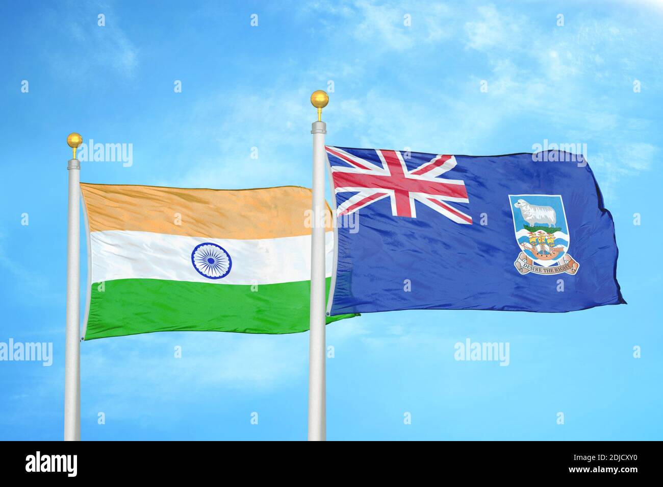 India and Falkland Islands two flags on flagpoles and blue cloudy sky ...