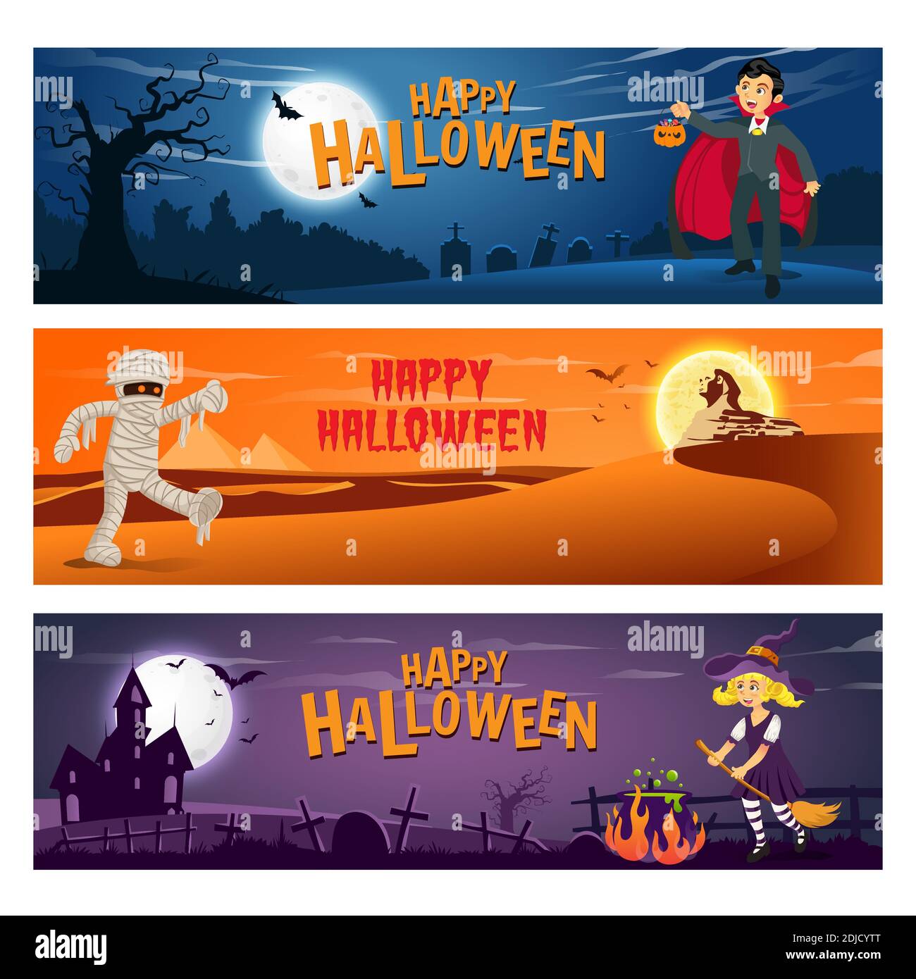 set of three Happy halloween banner with text and cartoon character ...