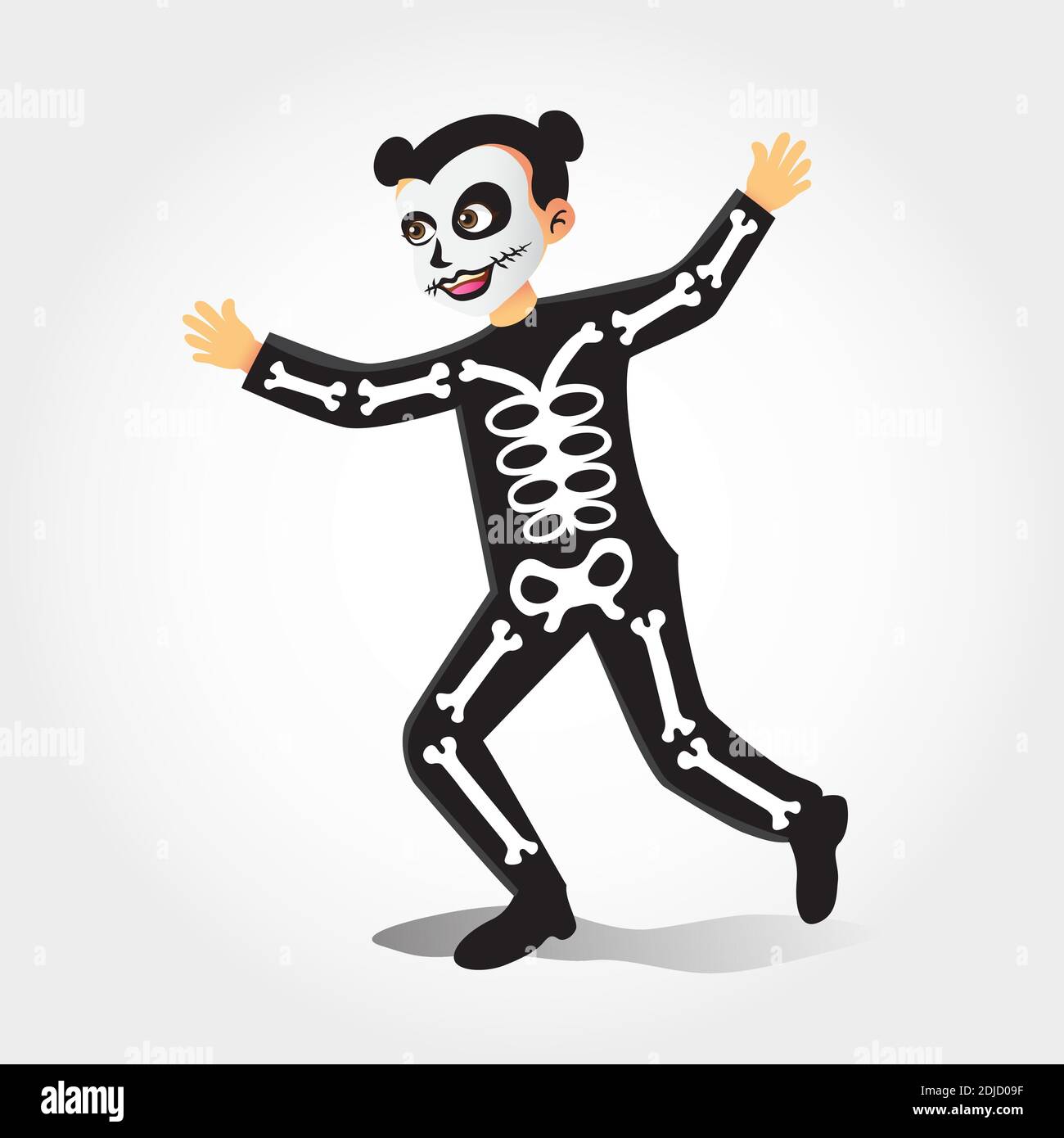 Cute cartoon girl in skeleton costume isolated on white background ...