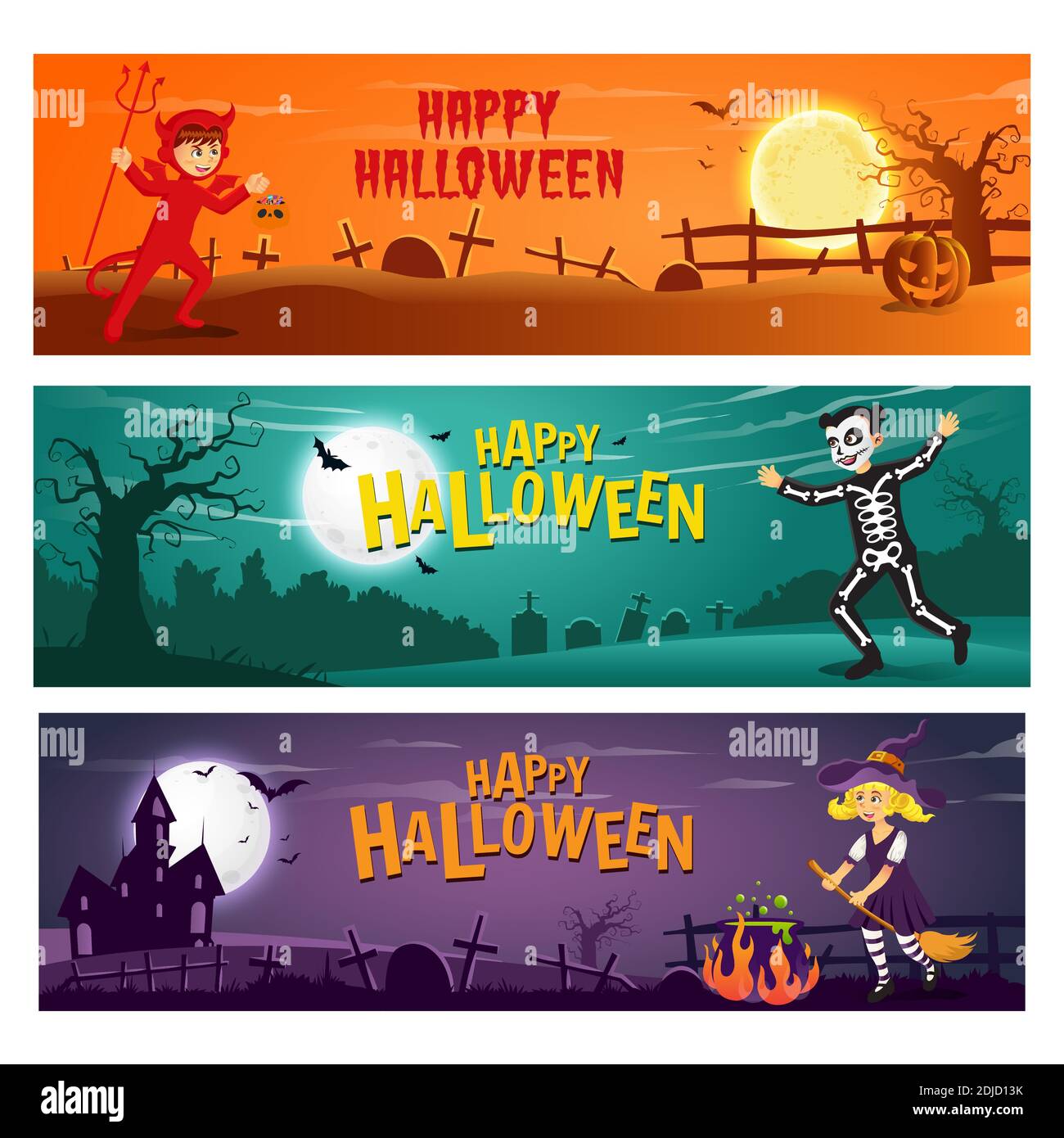 set of three horizontal halloween banner with text and cartoon ...