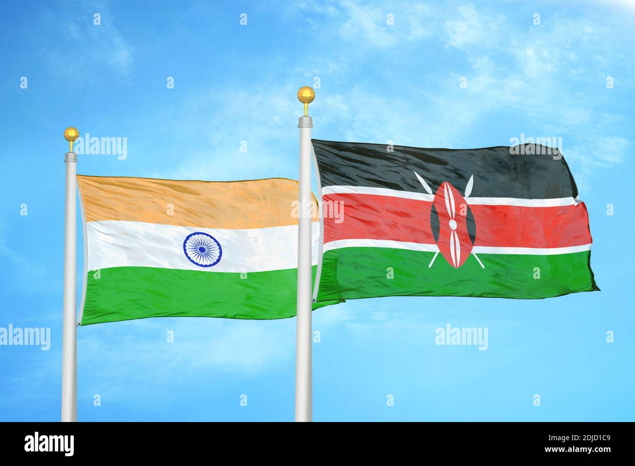 India and Kenya two flags on flagpoles and blue cloudy sky Stock Photo ...