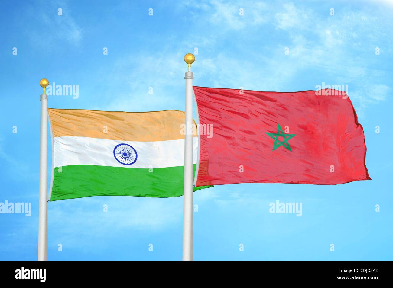 India and Morocco two flags on flagpoles and blue cloudy sky Stock ...
