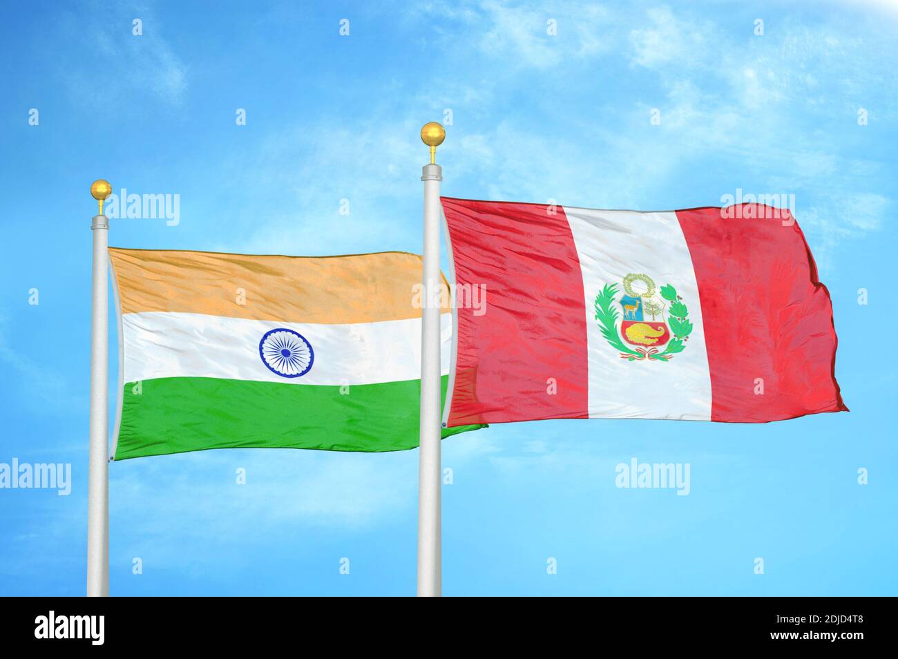 India and Peru two flags on flagpoles and blue cloudy sky Stock Photo ...