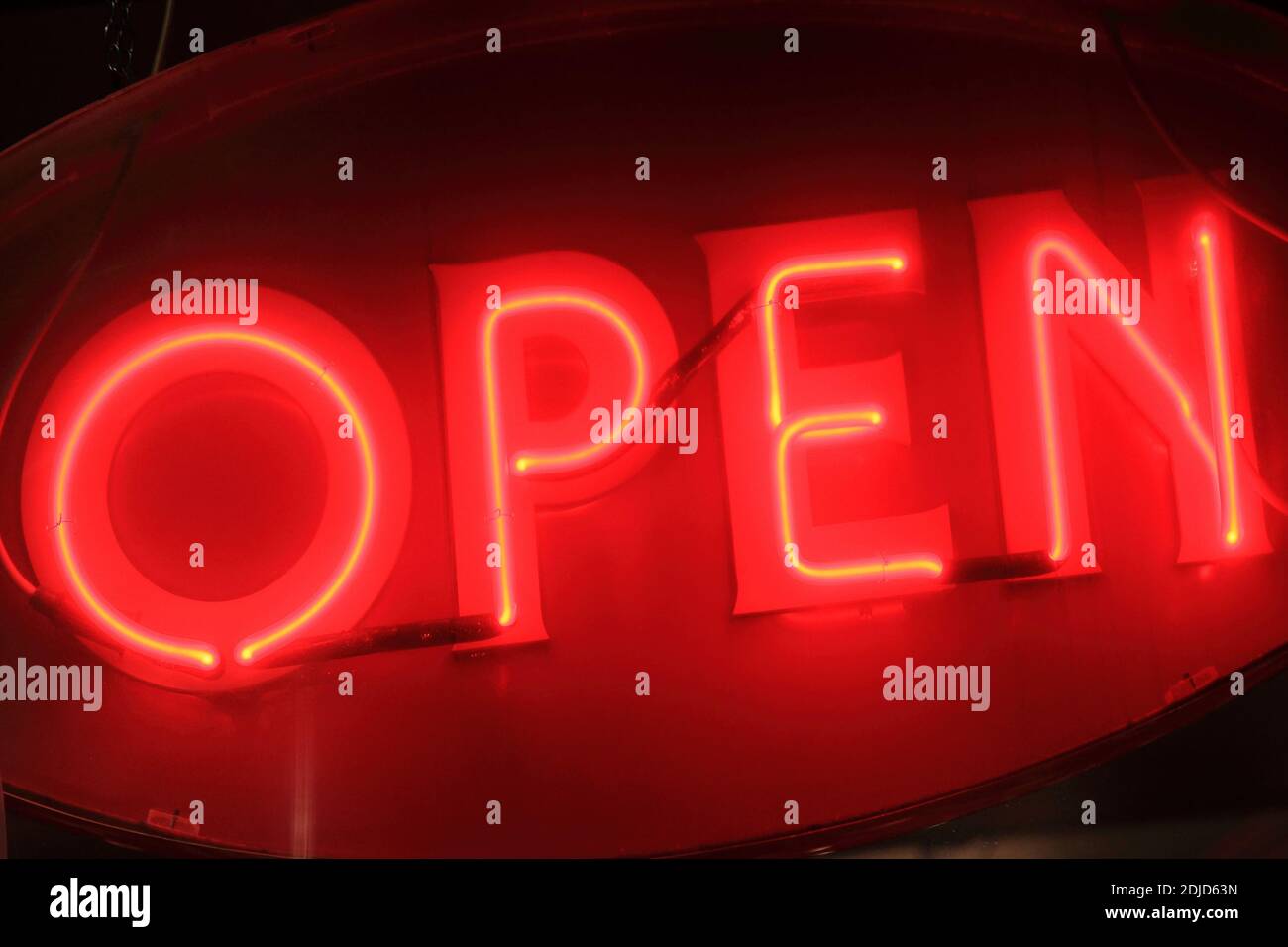 Red open neon sign at night at a retail restaurant business Stock Photo ...