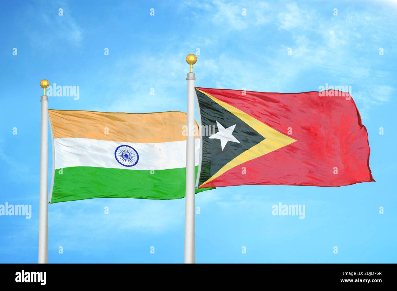 India and Timor-Leste East Timor two flags on flagpoles and blue cloudy ...