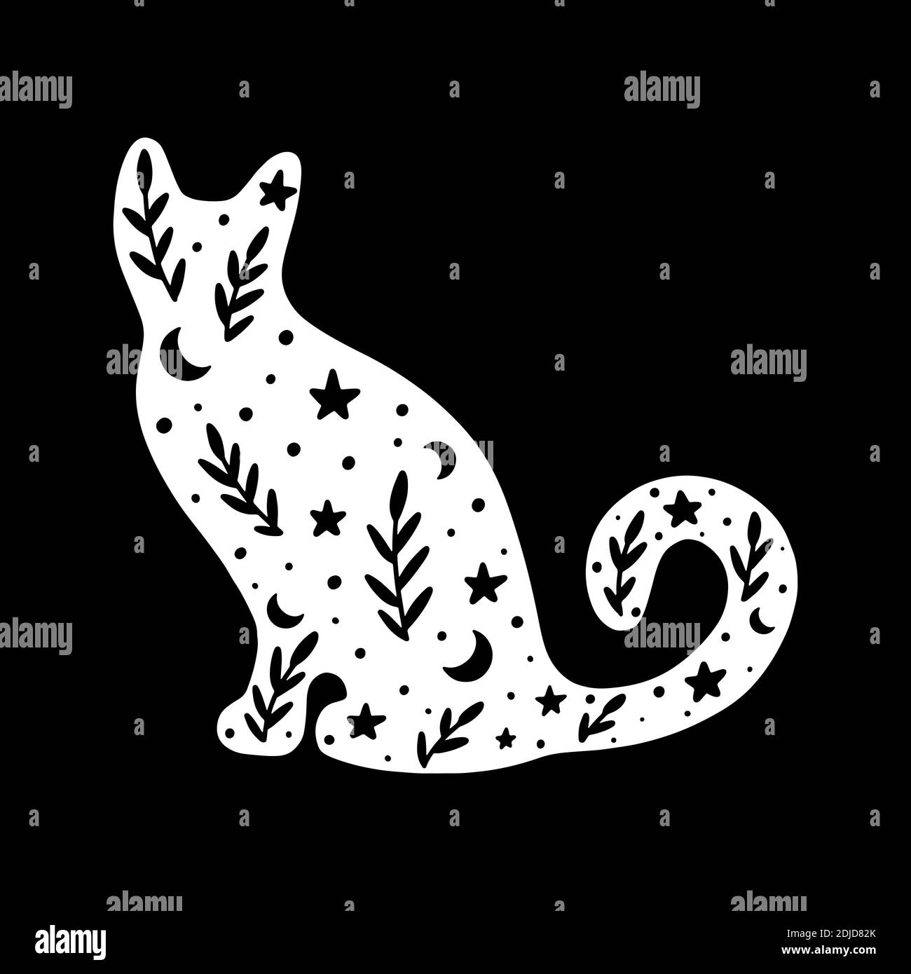 Modern witchcraft cat illustration with celestial and floral elements ...