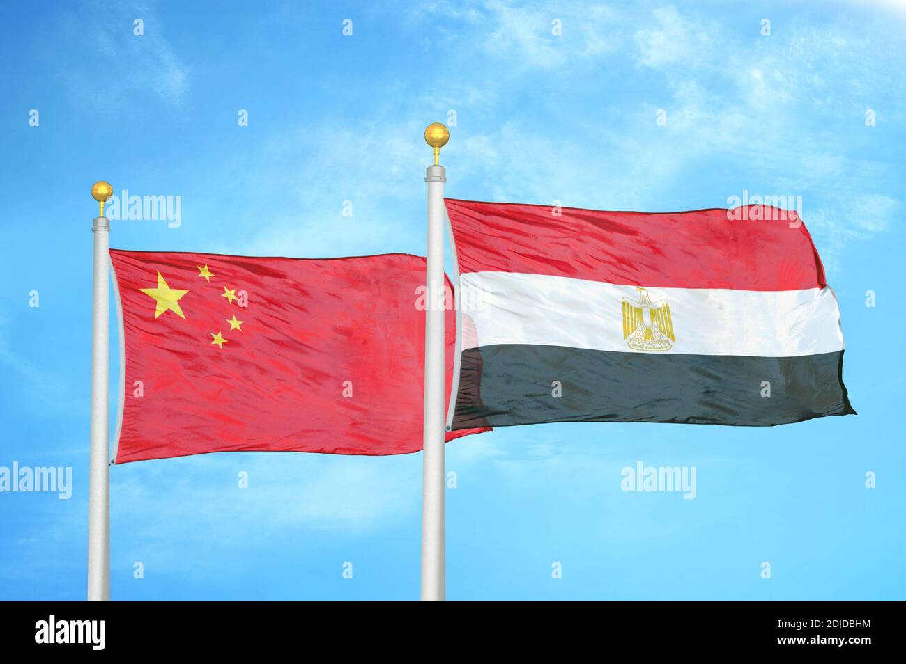 China and Egypt two flags on flagpoles and blue cloudy sky Stock Photo ...