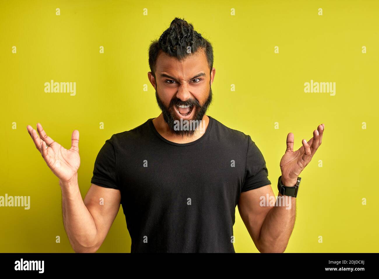 angry bearded male scream at camera isolated on green background ...