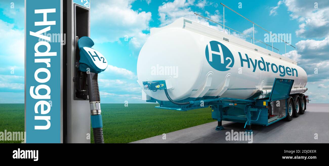 Tank trailer with hydrogen and H2 filling station on the background of ...