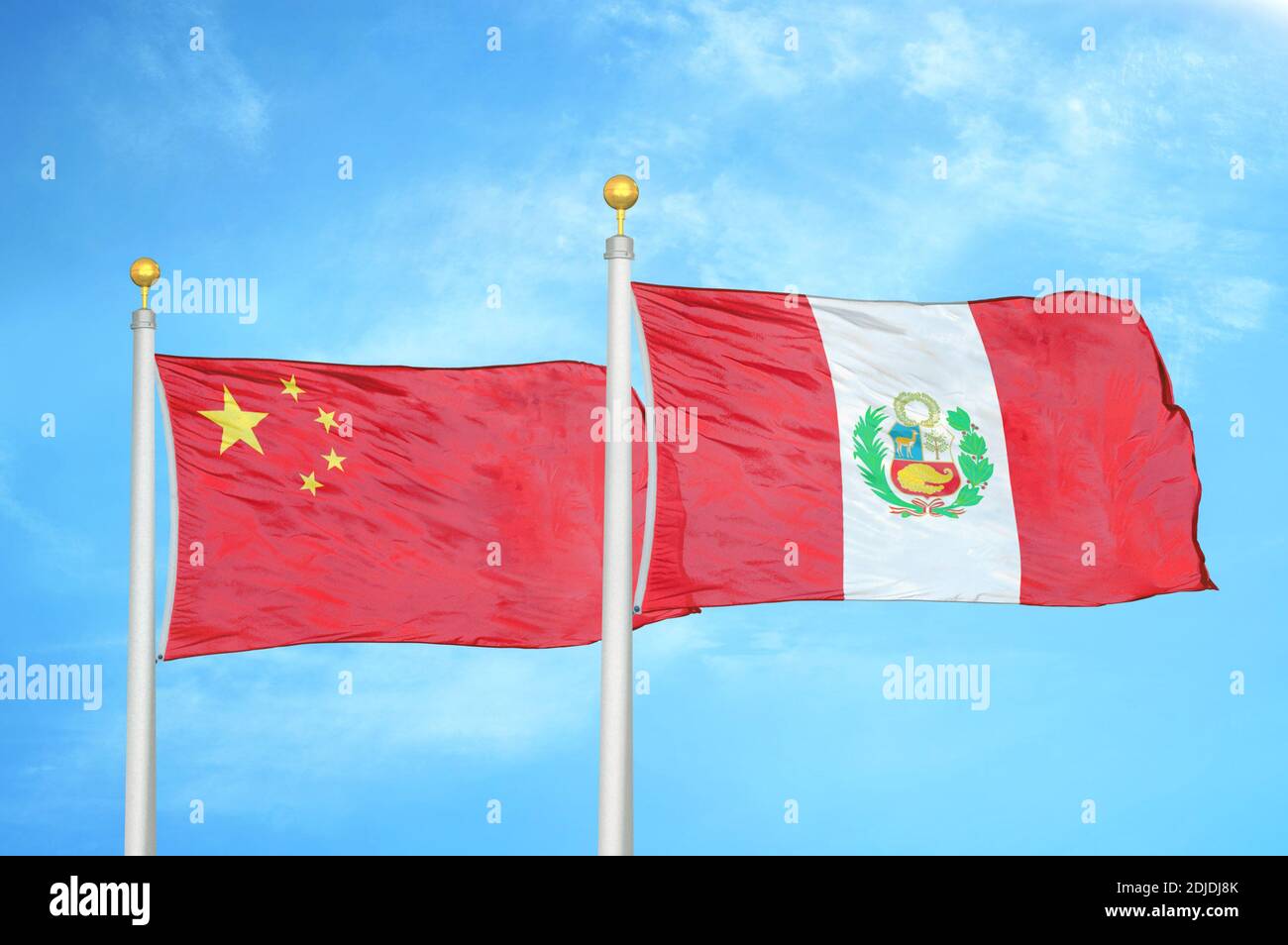 China and Peru two flags on flagpoles and blue cloudy sky Stock Photo ...
