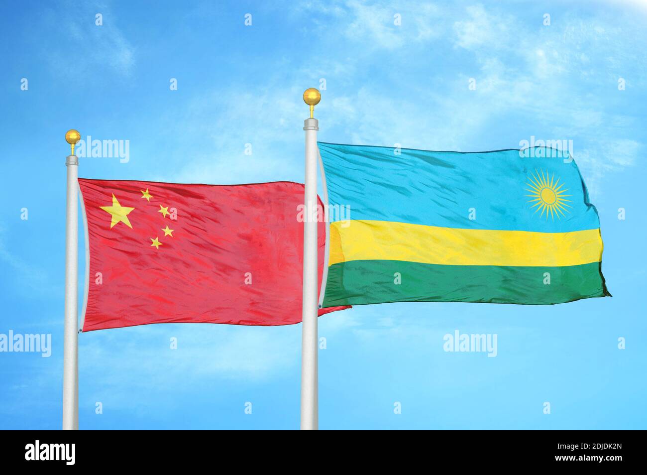 China and Rwanda two flags on flagpoles and blue cloudy sky Stock Photo ...