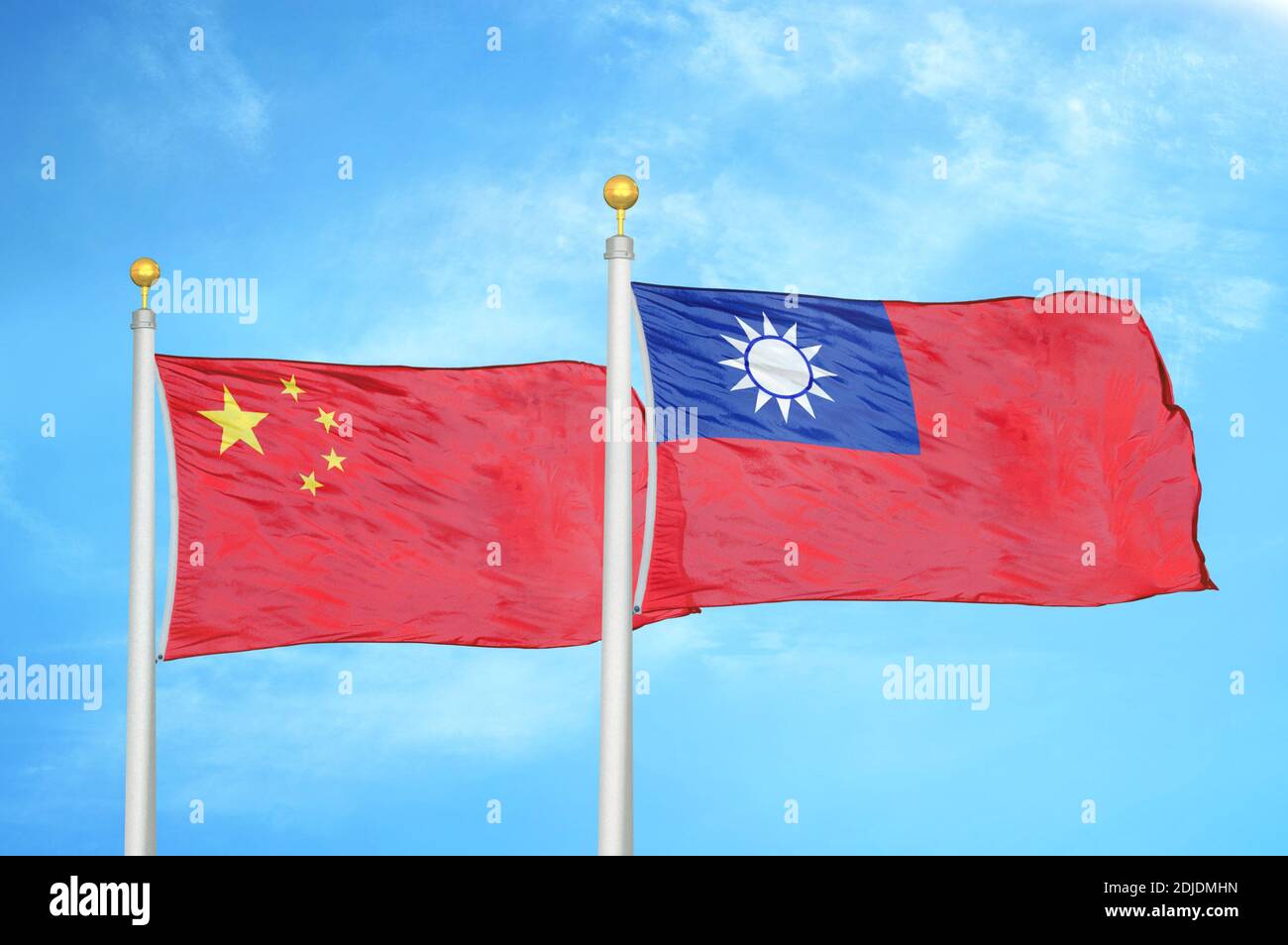 China and Taiwan two flags on flagpoles and blue cloudy sky Stock Photo ...