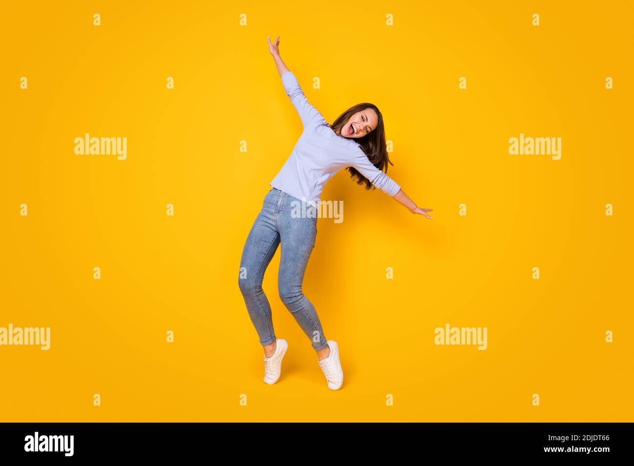 Full length body size view of her she attractive pretty overjoyed ...