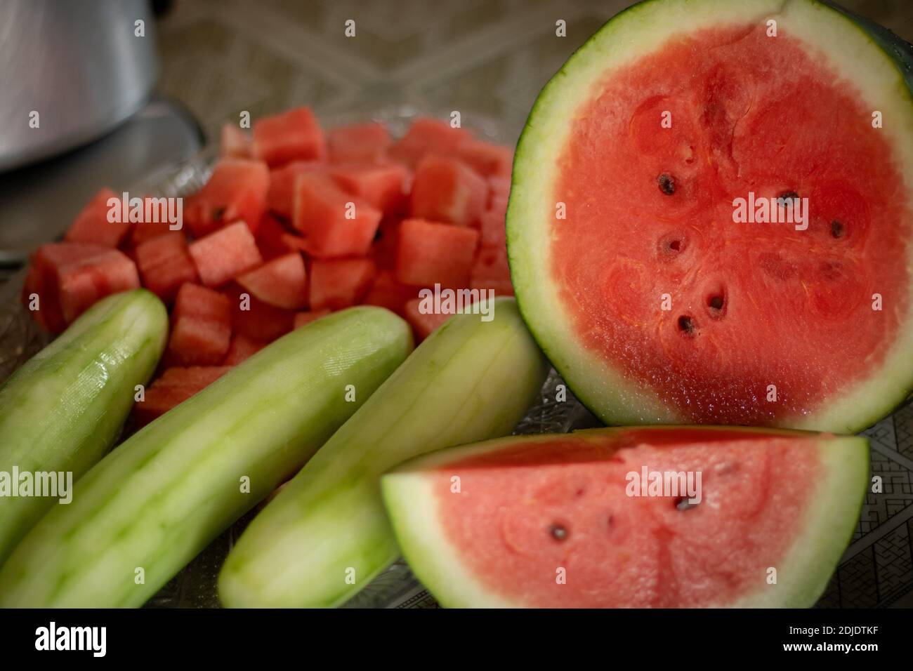 watermelon and cucumber peeled off and sliced - selective focus Stock ...