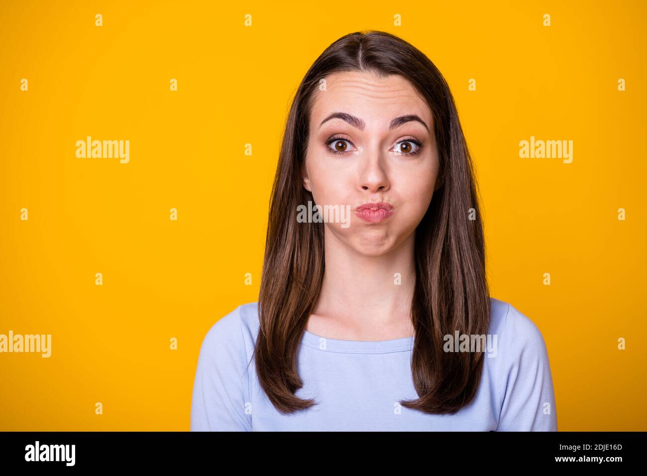 Portrait of funny funky girl inflate cheeks wear good look outfit ...