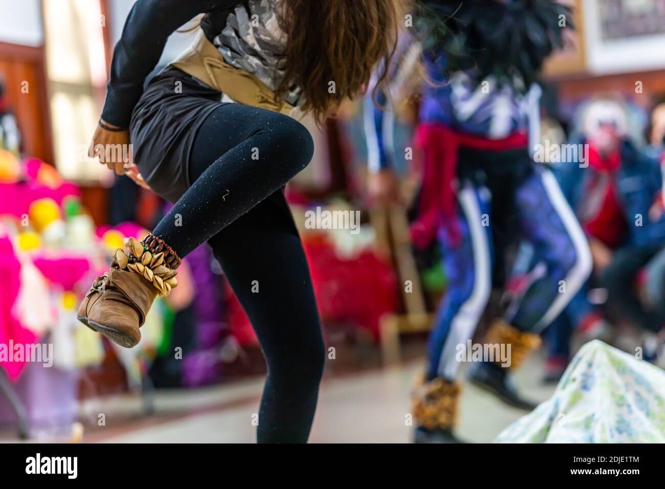 Selective focus of legs of young male and female in traditional costume ...