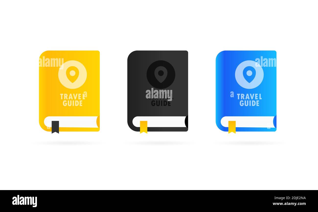 Travel guide book icon set. World map and pin in cover. Flat vector ...