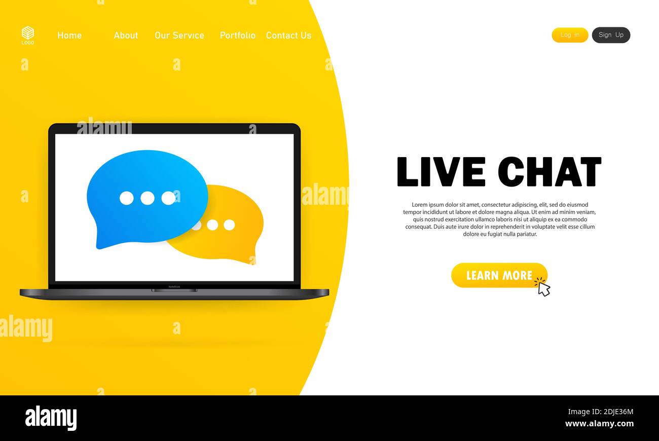 Live chat banner. Message icon in flat design on laptop. Communication ...