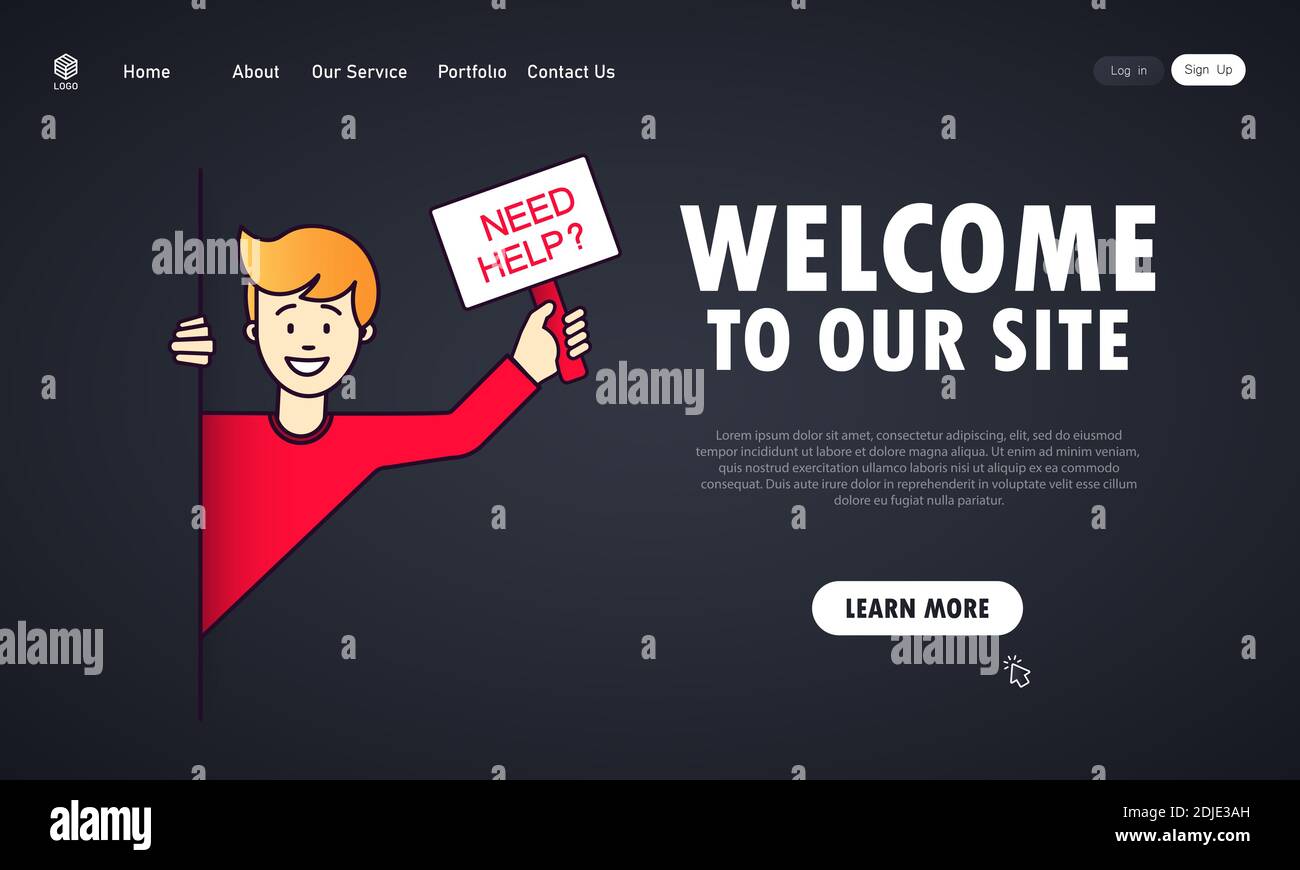 Man peeks out and holds the sign that asks Need Help. Support service ...