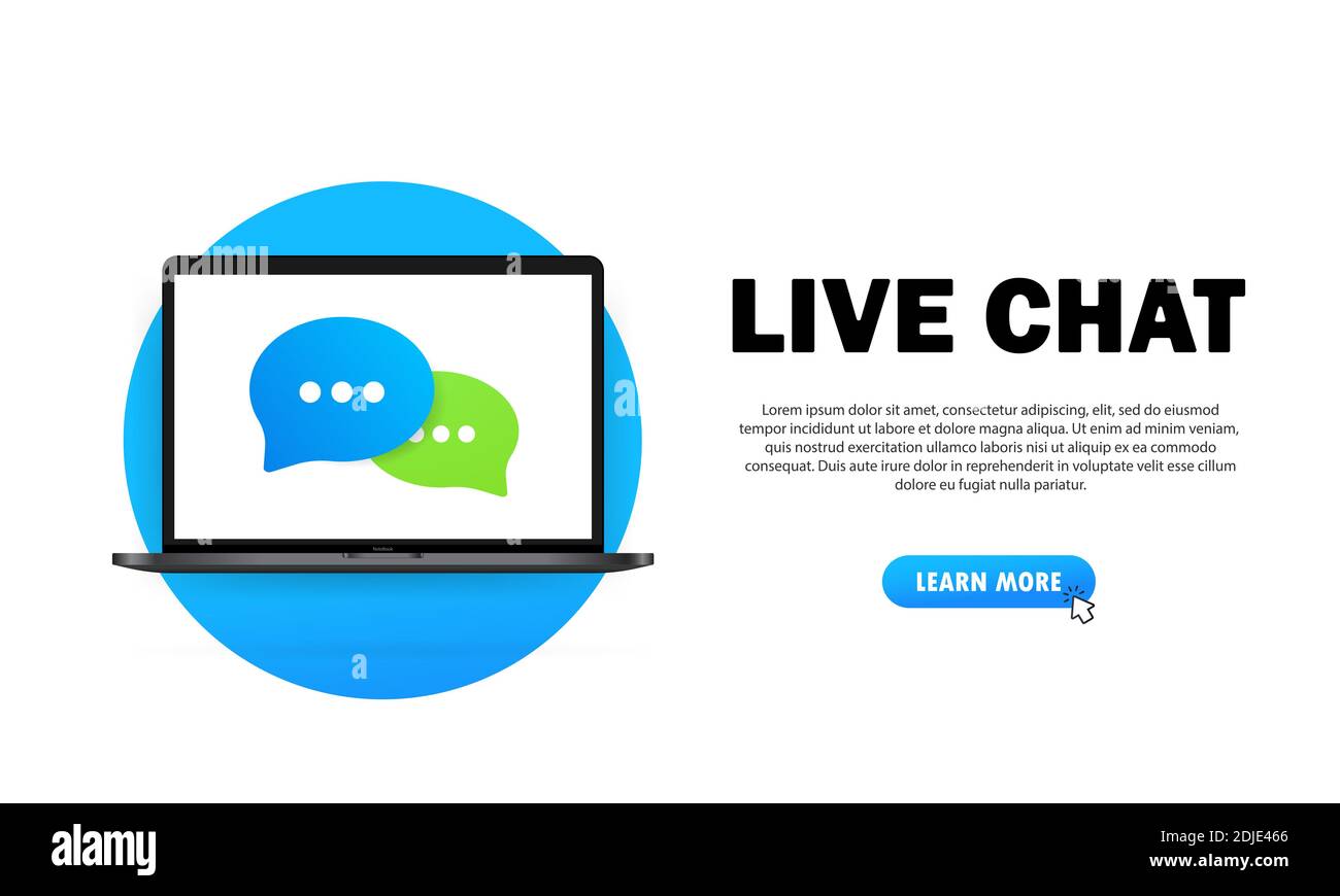 Live chat banner. Message icon in flat design on laptop. Communication ...