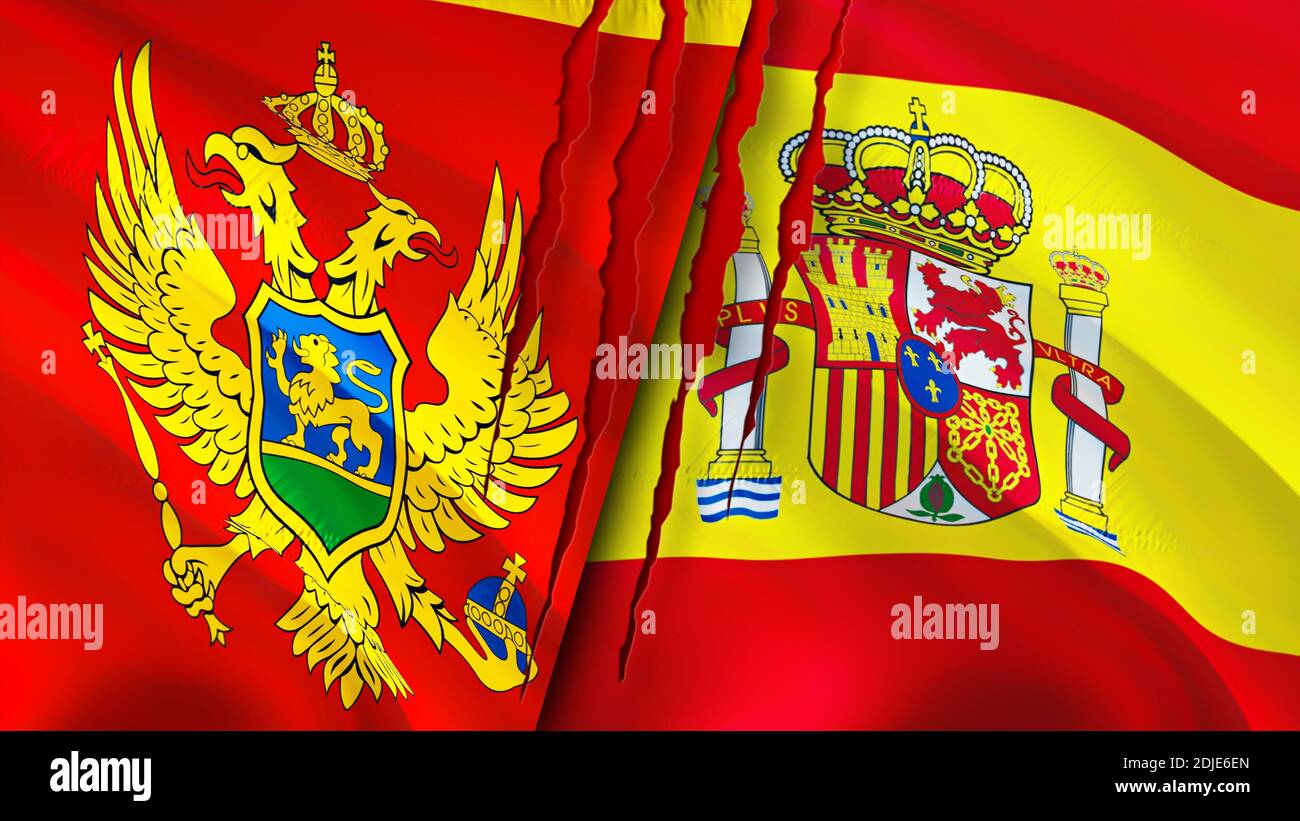 Montenegro and Spain flags with scar concept. Waving flag,3D rendering ...
