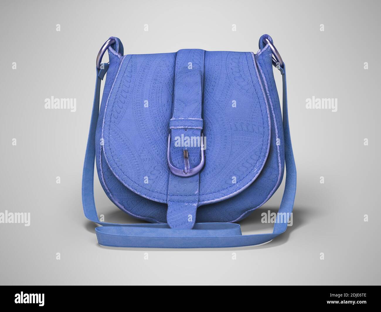 3D rendering blue small bag with long handle front view on gray ...