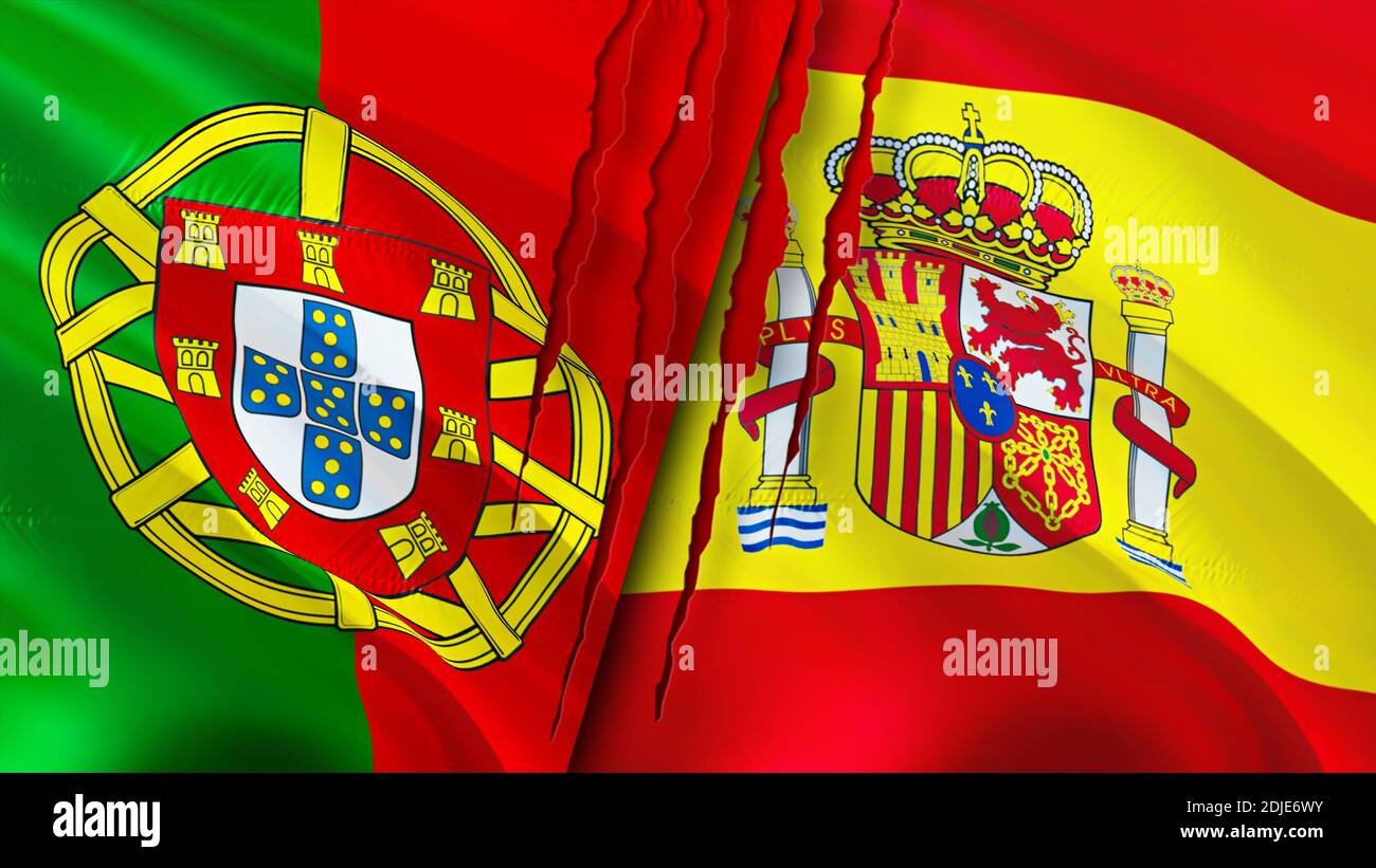 Portugal and Spain flags with scar concept. Waving flag,3D rendering ...