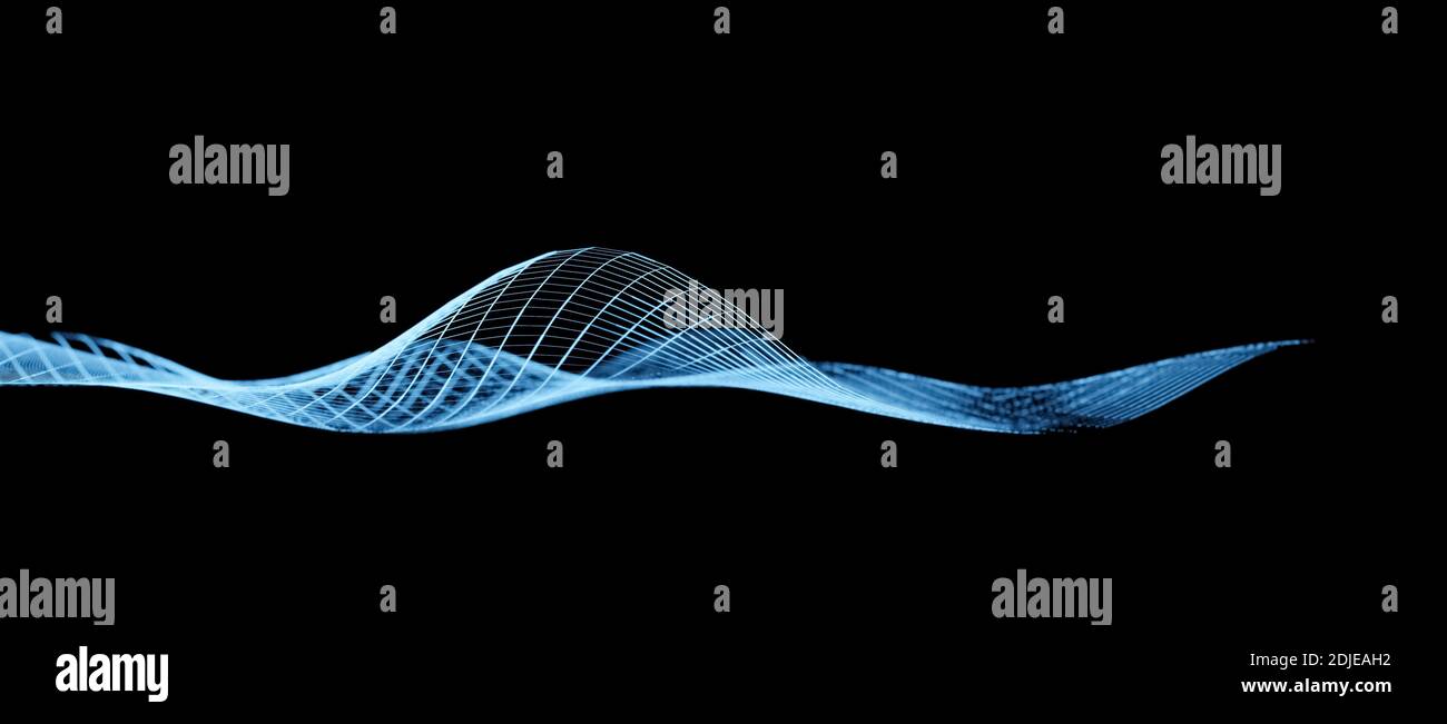 Abstract blue wave wireframe grid structure with black background ...
