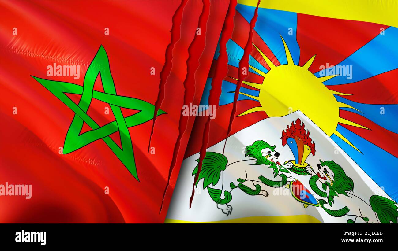 Morocco and Tibet flags with scar concept. Waving flag,3D rendering ...