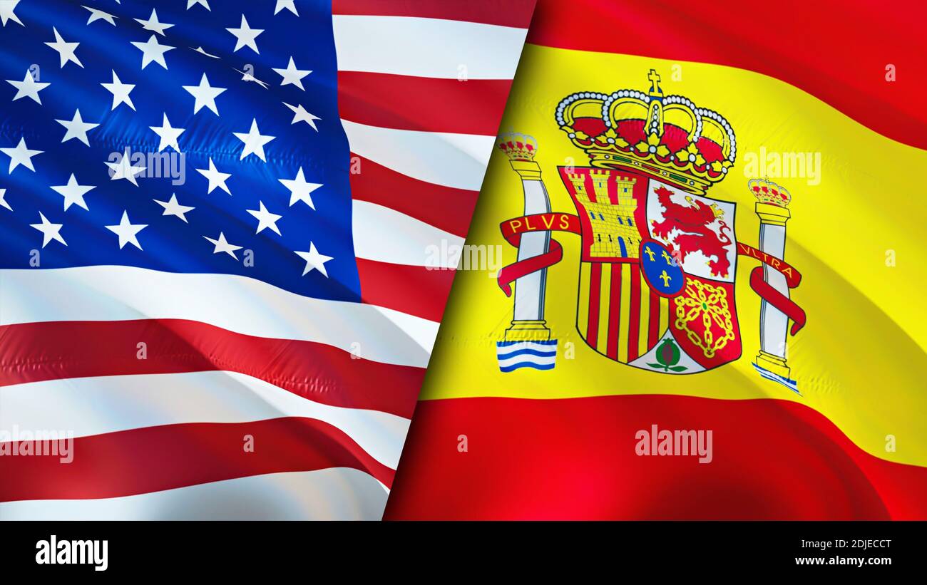 USA and Spain flags. 3D Waving flag design. USA Spain flag, picture ...