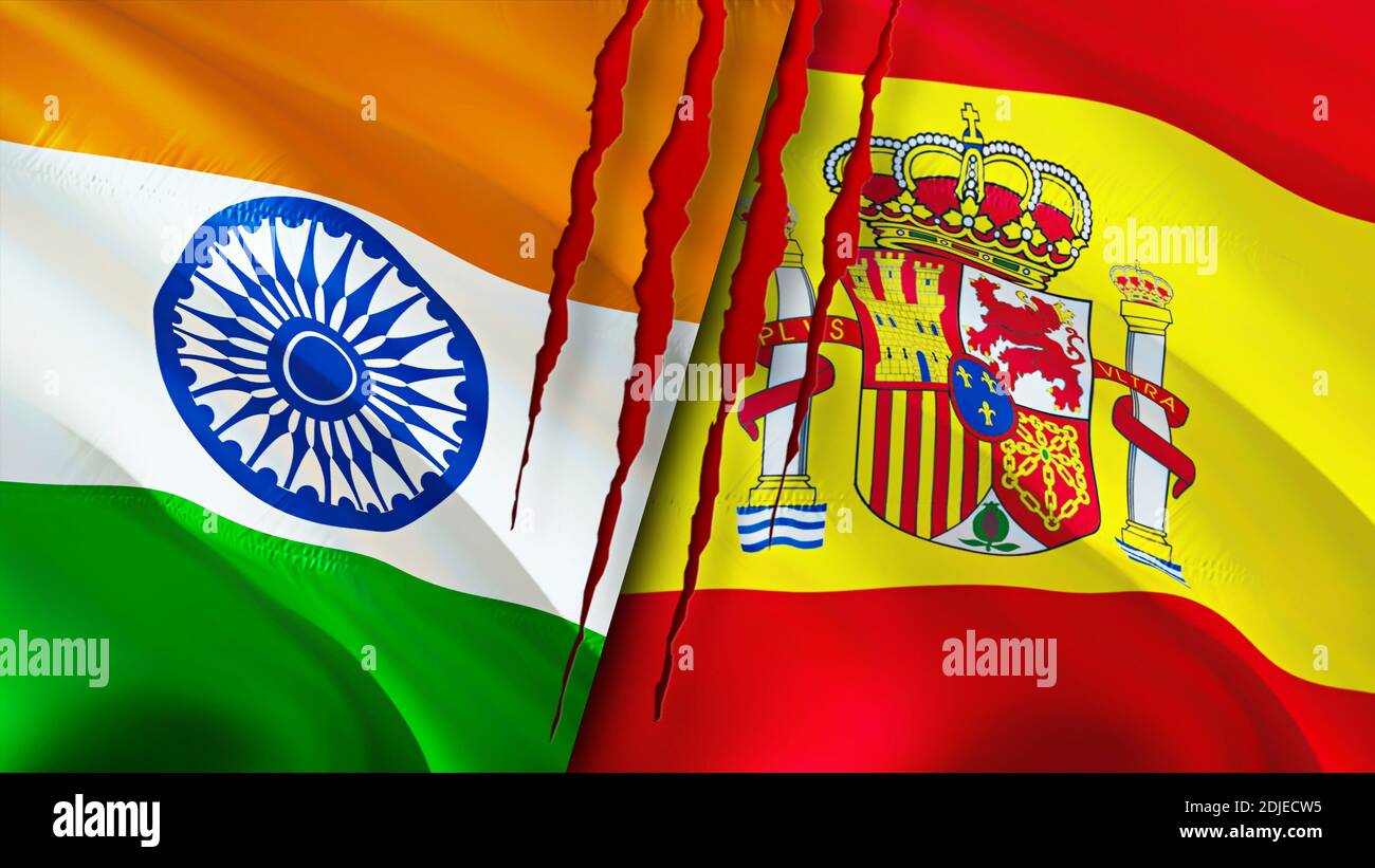 India and Spain flags with scar concept. Waving flag,3D rendering ...