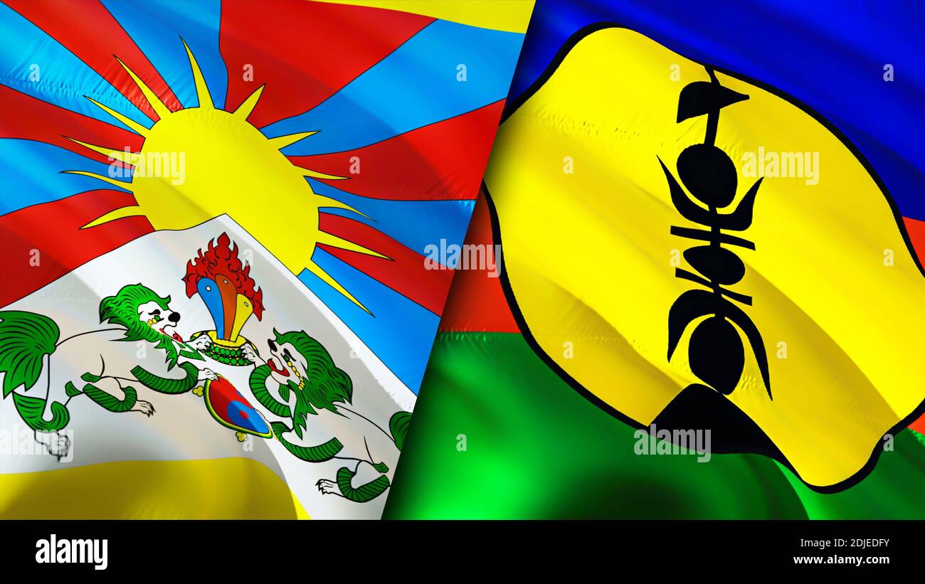 Tibet and New Caledonia flags with scar concept. Waving flag,3D ...