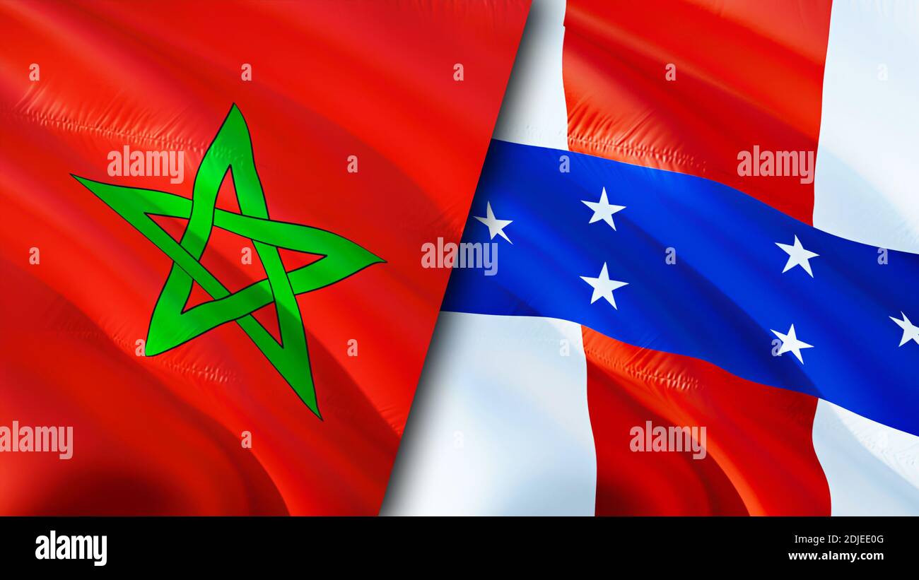 Morocco and Netherlands Antilles flags. 3D Waving flag design. Morocco ...