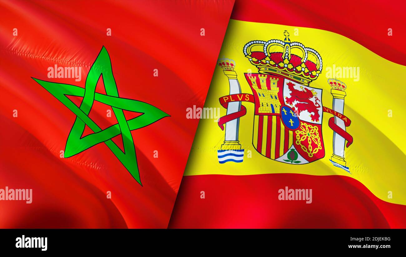 Morocco and Spain flags. 3D Waving flag design. Morocco Spain flag ...