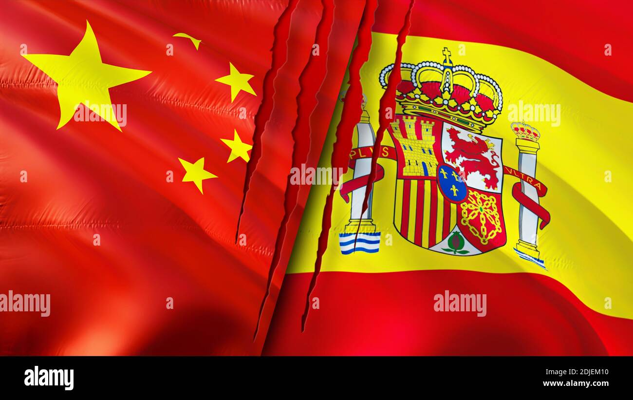 China and Spain flags with scar concept. Waving flag,3D rendering ...