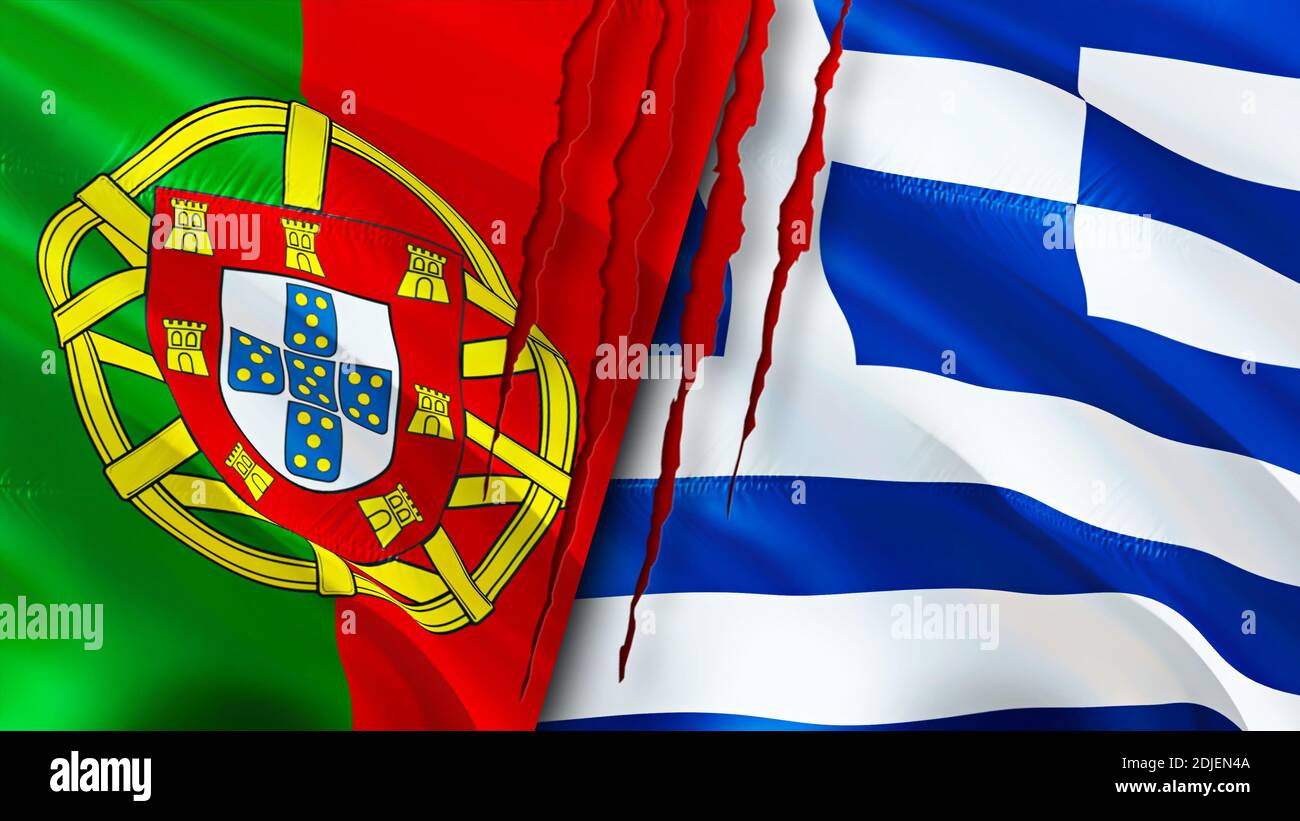 Portugal and Greece flags with scar concept. Waving flag,3D rendering ...