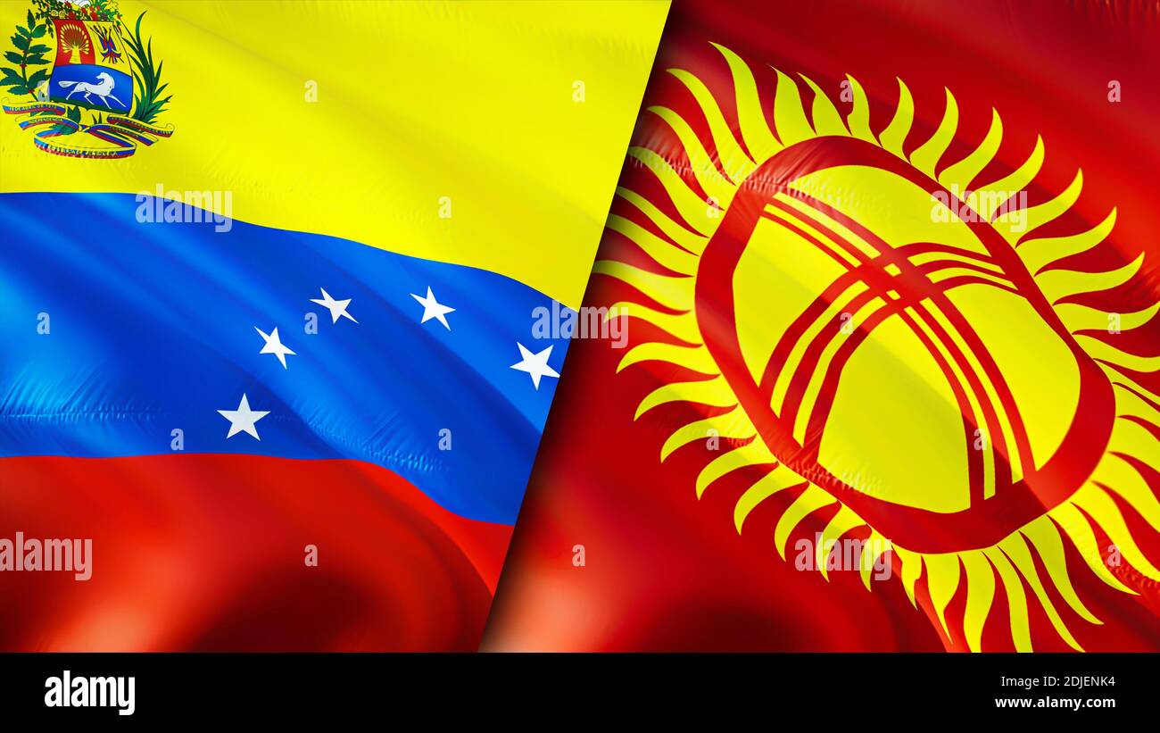 Venezuela and Kyrgyzstan flags. 3D Waving flag design. Venezuela ...