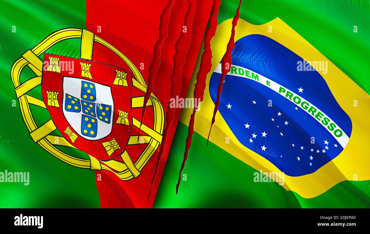 Portugal and Brazil flags with scar concept. Waving flag,3D rendering ...