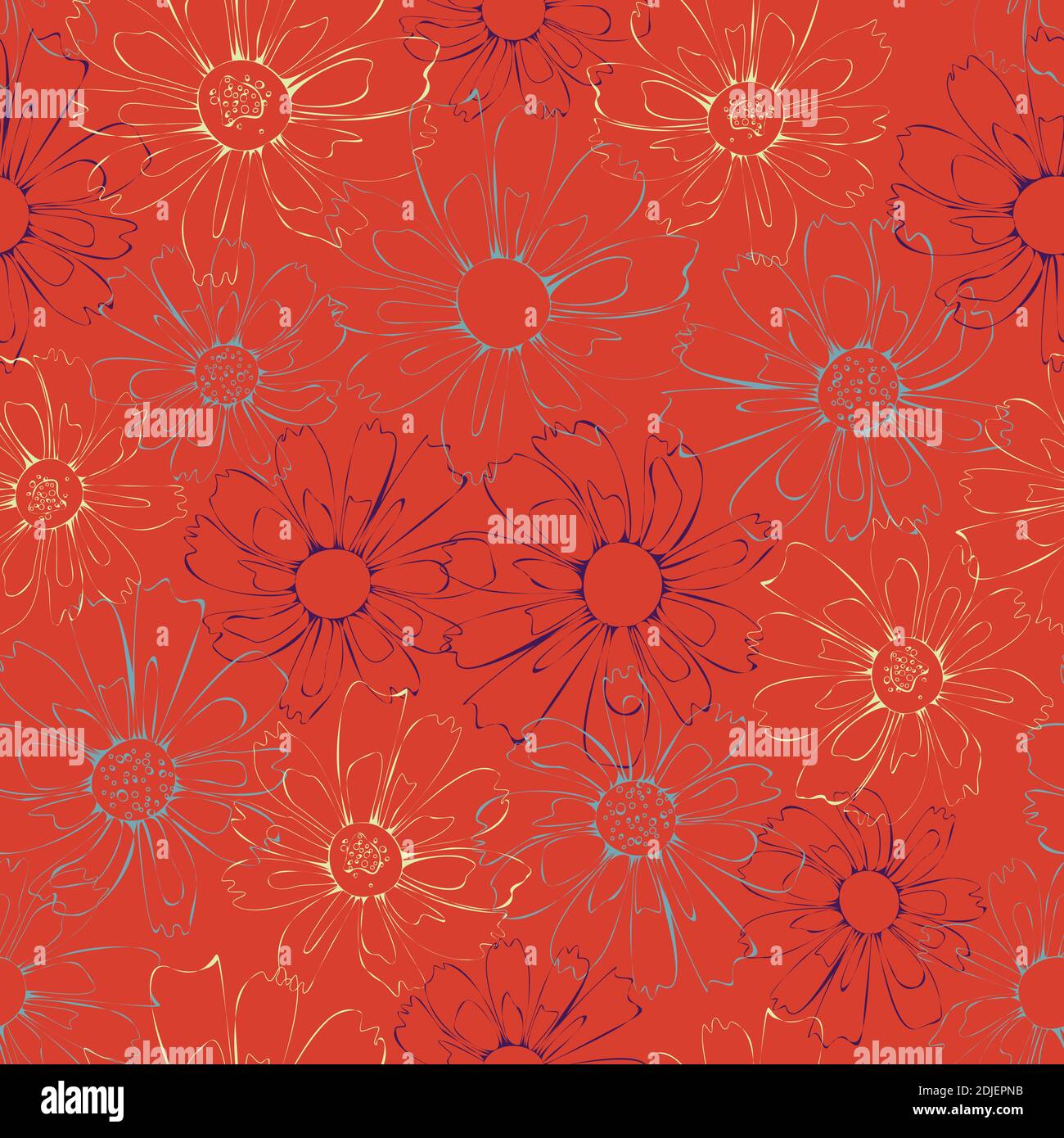 Vector seamless pattern with daisy flowers silhouettes on red ...