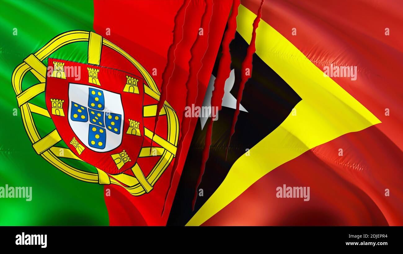 Portugal and East Timor flags with scar concept. Waving flag,3D ...