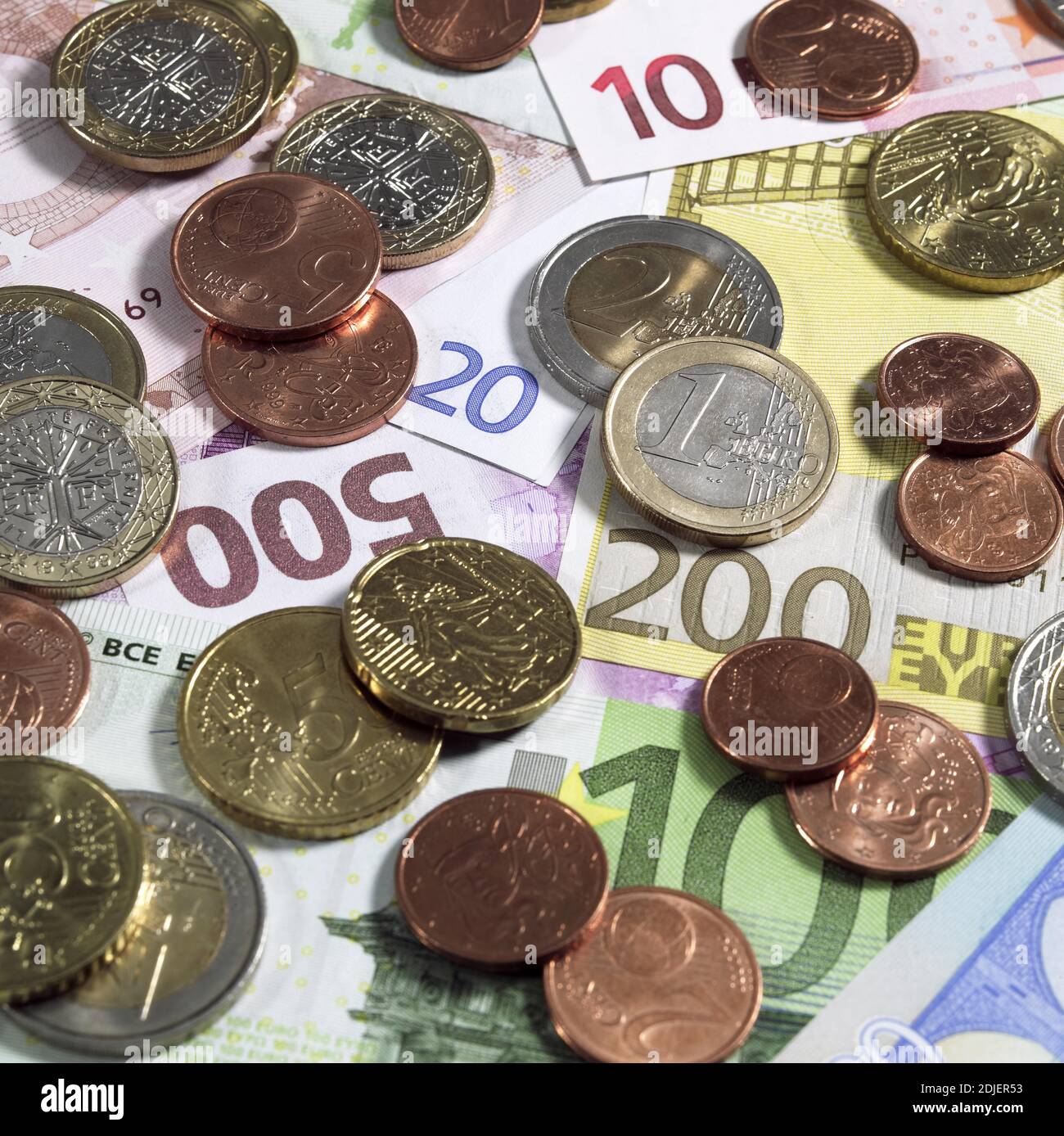 Euro Coins on 10, 20, 100, 200, and 500 Euro Bank Notes Stock Photo - Alamy