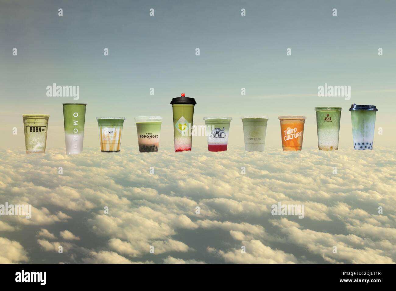 Famous Bubble Tea Drinks Floating Above Clouds Stock Photo - Alamy