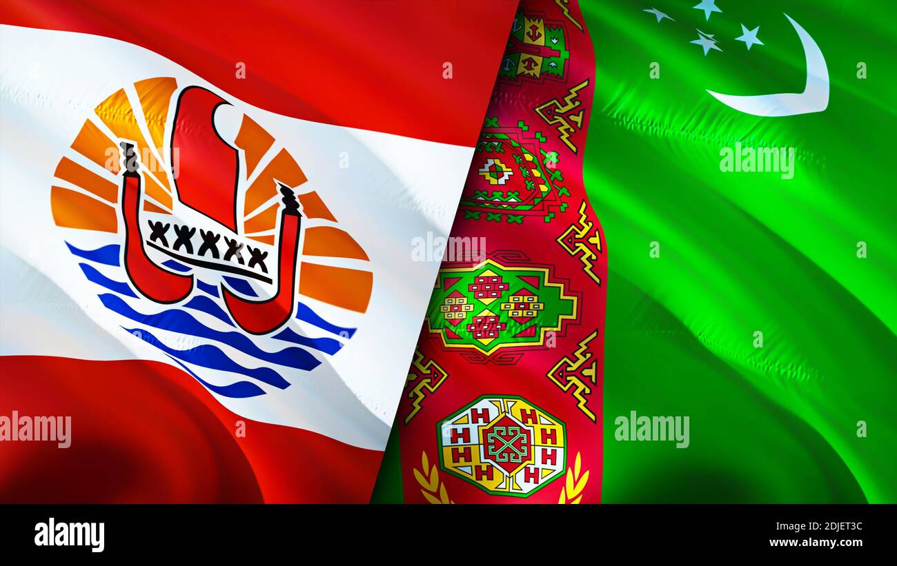French Polynesia And Turkmenistan Flags 3d Waving Flag Design French