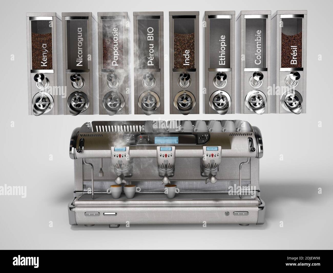 3D rendering metal coffee tank with professional coffee machine front ...