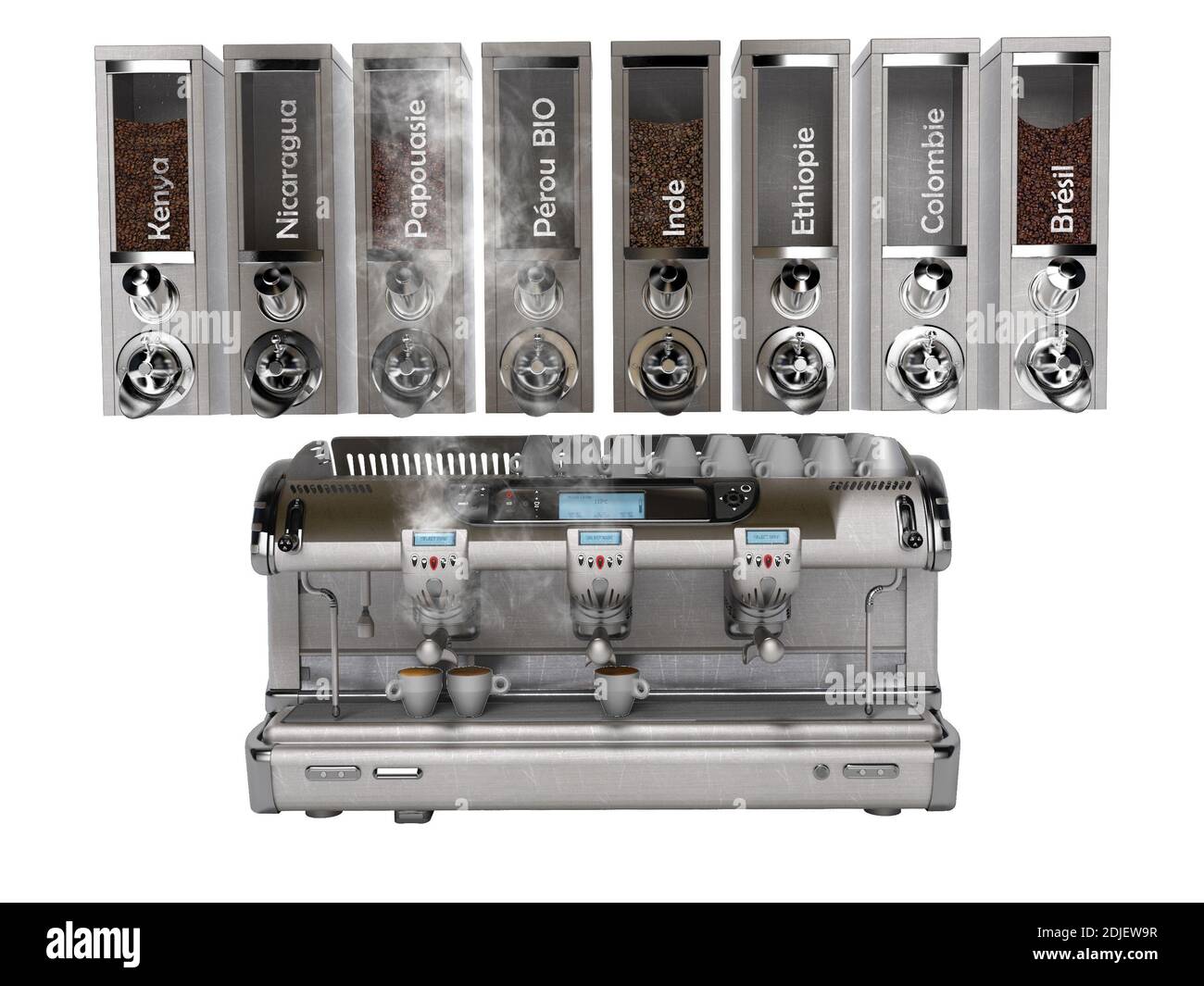3D rendering metal coffee tank with professional coffee machine front ...